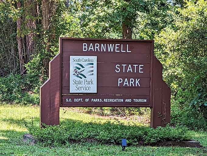 That classic brown sign framed by lush summer green is basically nature's version of a welcome mat. You've arrived somewhere worth arriving.