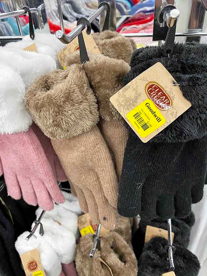 Cozy gloves with fur cuffs, still tagged and ready to keep someone's hands warm this winter.