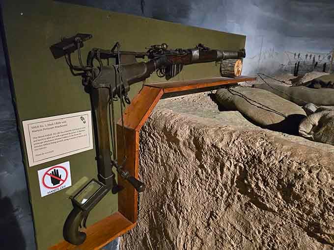 This trench-mounted SMLE rifle display puts you right at the muddy, sandbag-lined edge of World War history.