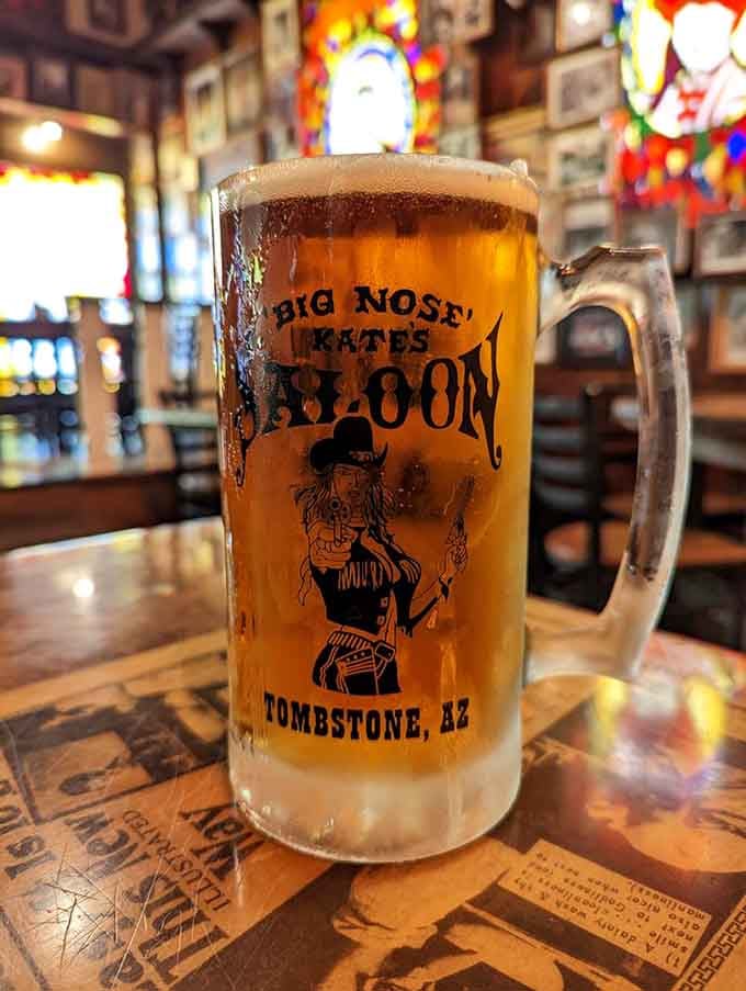 A frosty Big Nose Kate's branded mug filled with locally hand-crafted beer. Some souvenirs you drink. This is one.