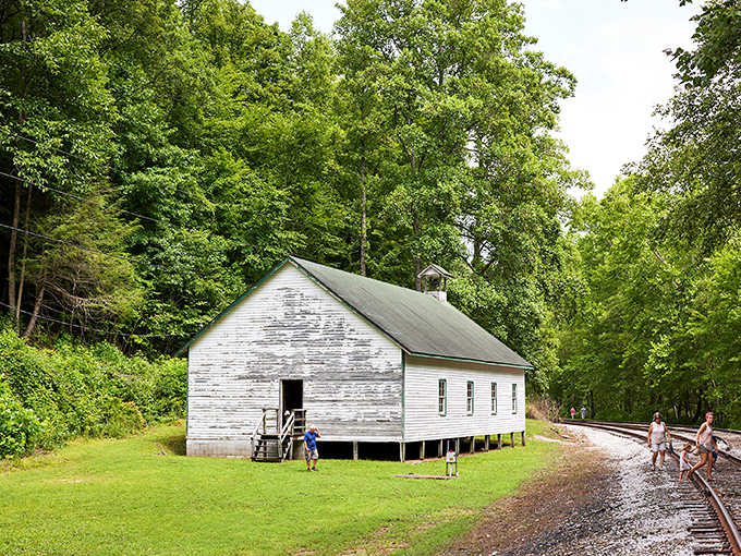 A little white church beside the tracks, humble and honest, the kind of building that makes you slow down without being asked.