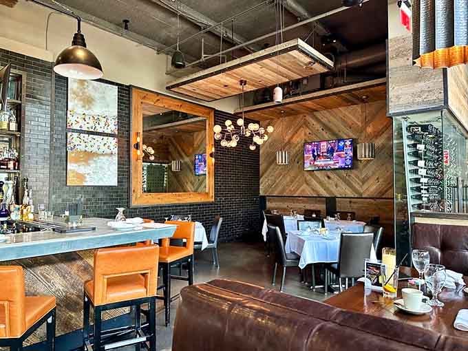 Reclaimed wood and industrial touches create a space that feels both contemporary and warmly inviting.