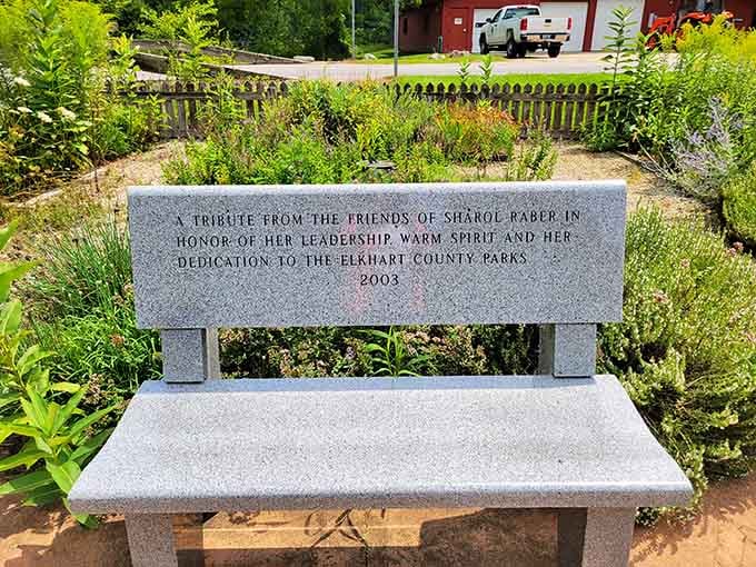 A granite bench honoring dedication to Elkhart County Parks. Some legacies are carved in stone, and rightfully so.