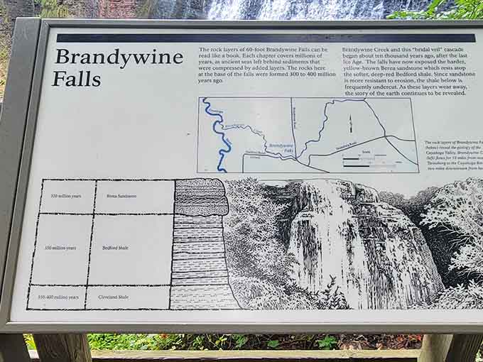Three hundred million years of rock layers, one very good waterfall, and a sign that explains everything beautifully.