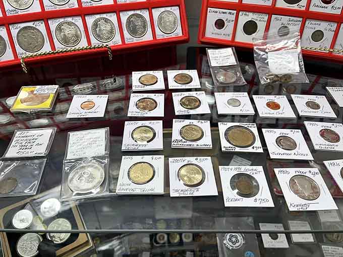 A glass case full of Morgan dollars, Indian cents, and Sacagawea coins, each one a tiny, shiny piece of American history.