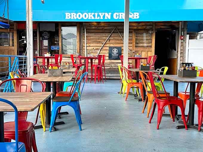 Colorful chairs, open sky, and the smell of great seafood nearby. Brooklyn Crab's outdoor seating area is the city's best-kept casual dining secret.