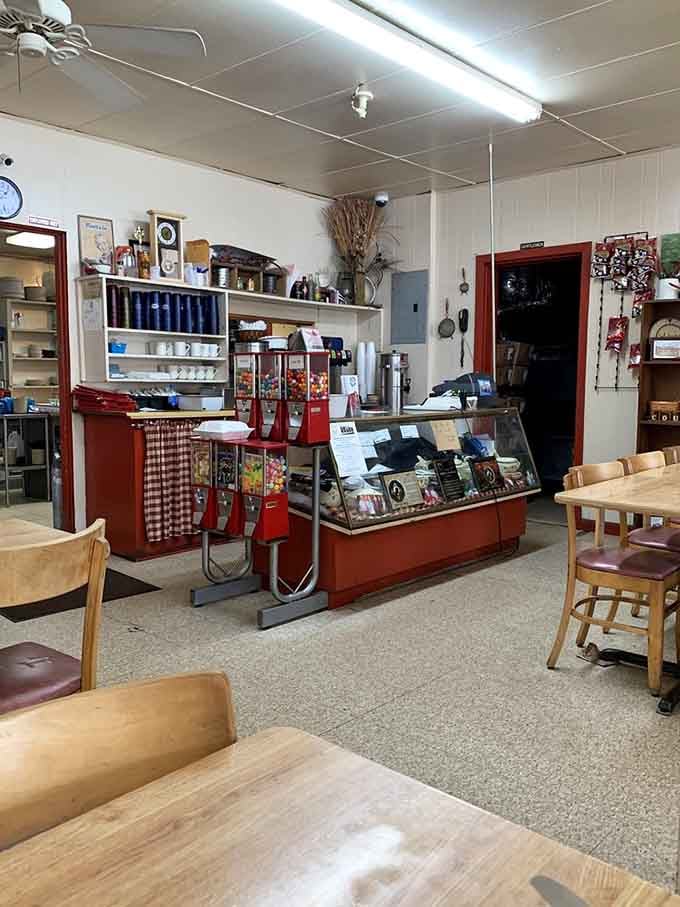 Gumball machines, shelves of mugs, and a glass display case &mdash; this counter area has more personality than most entire restaurants.