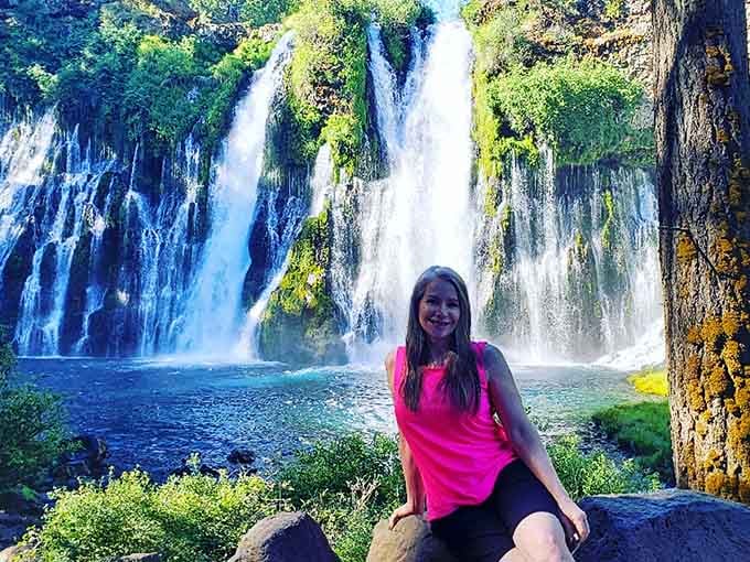 When the waterfall backdrop makes your photo look professionally staged, but it's just a regular Tuesday at Burney.