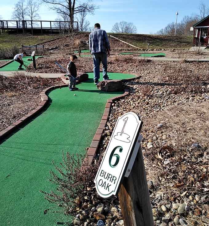 Mini golf with a view proves that leisure activities improve dramatically when surrounded by forested hillsides.