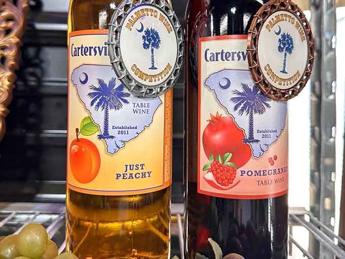 Just Peachy and Pomegranate wines proving that South Carolina grapes play well with creative fruit friends.
