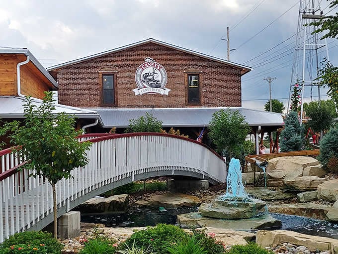 Casey's Candy Depot sits behind a little bridge and fountain, because why not make candy feel magical.