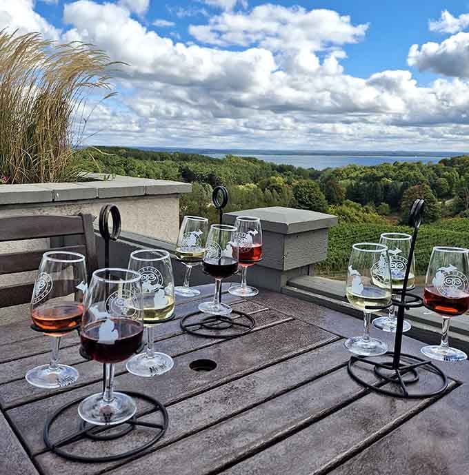 A wine flight with a bay view backdrop is basically the Michigan version of dining at the best table in the house.