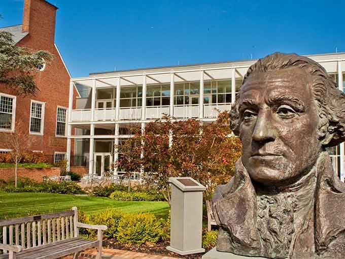 George Washington's bronze gaze watches over the college campus he helped establish back in the day.