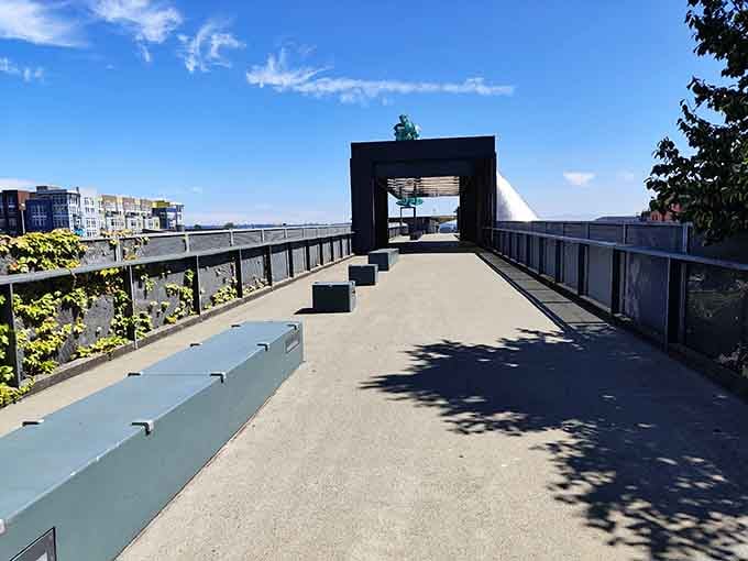The open walkway stretches ahead with the Tacoma skyline waiting patiently, like a postcard you can actually walk through.