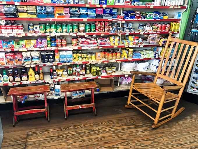 A rocking chair beside canned goods and grits. Cooper's invites you to slow down and stay awhile.