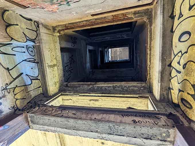 Looking up through the elevator shaft is like peering into a time tunnel, minus the DeLorean.