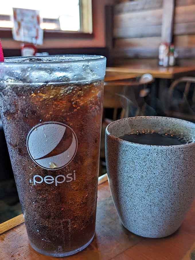 Hot coffee and an ice-cold soda, the classic duo that says your morning is officially off to a good start.