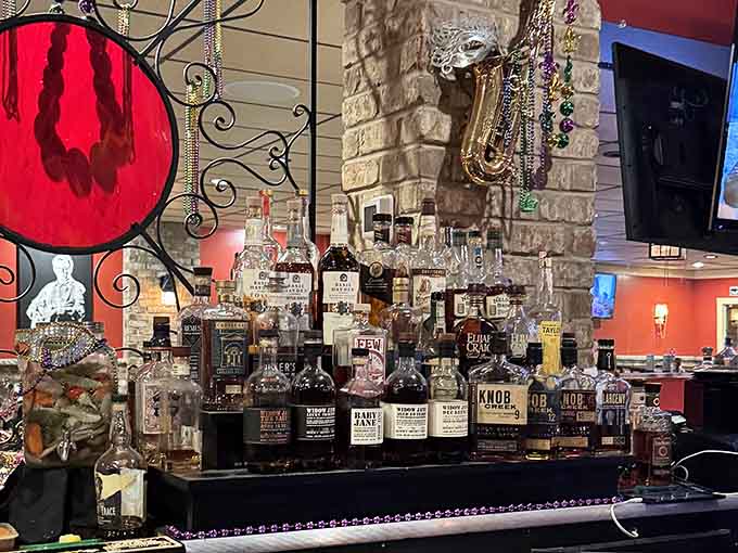 A bar stocked with serious whiskey, Mardi Gras beads, and a saxophone. Priorities are clearly in order.