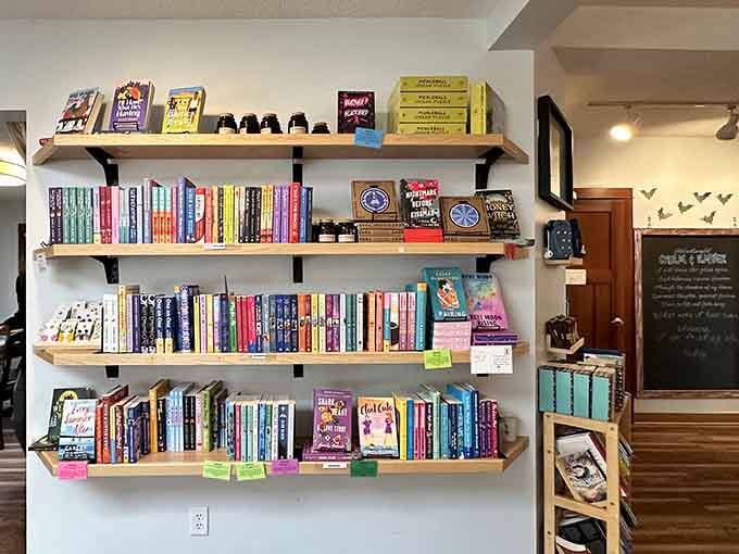 Color-coded shelves packed with titles that beg to be picked up. Your next favorite book is probably right there waiting.