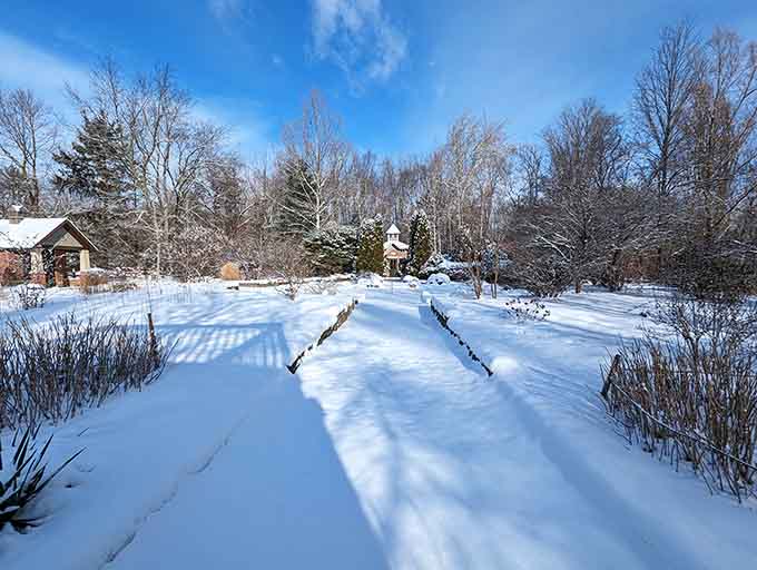 Snow-covered paths and a storybook building in the distance. Winter here looks like a holiday card.