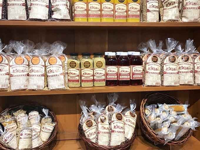 Shelves stocked with noodles and preserves to take a piece of Amish country home with you.
