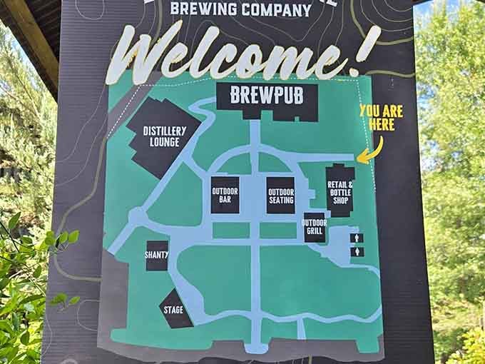 A property map that includes a Distillery Lounge, a Shanty, and a Stage. This place has more going on than most small towns.