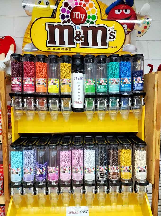 Every single color of M&M's in individual dispensers, a customization station that would make Willy Wonka genuinely envious.