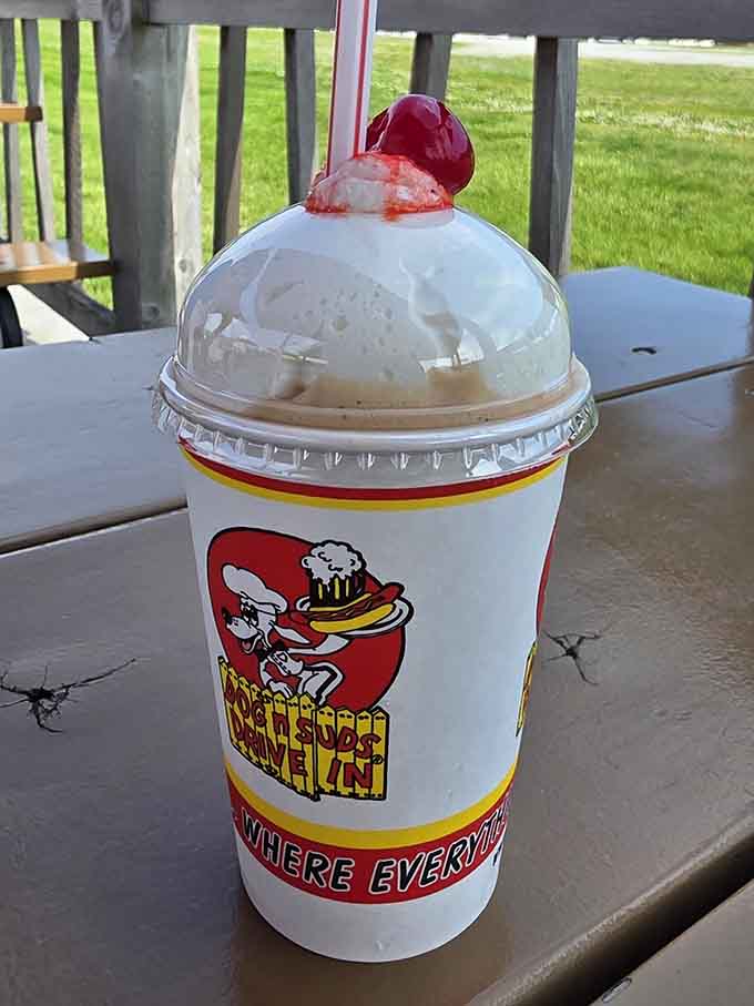 Topped with whipped cream and a cherry, this Dog n Suds milkshake is basically a celebration in a cup.