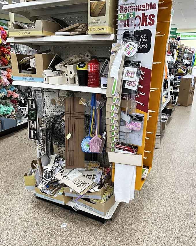 Craft supplies, removable hooks, and home décor all sharing the same corner, because creativity deserves an affordable home base.