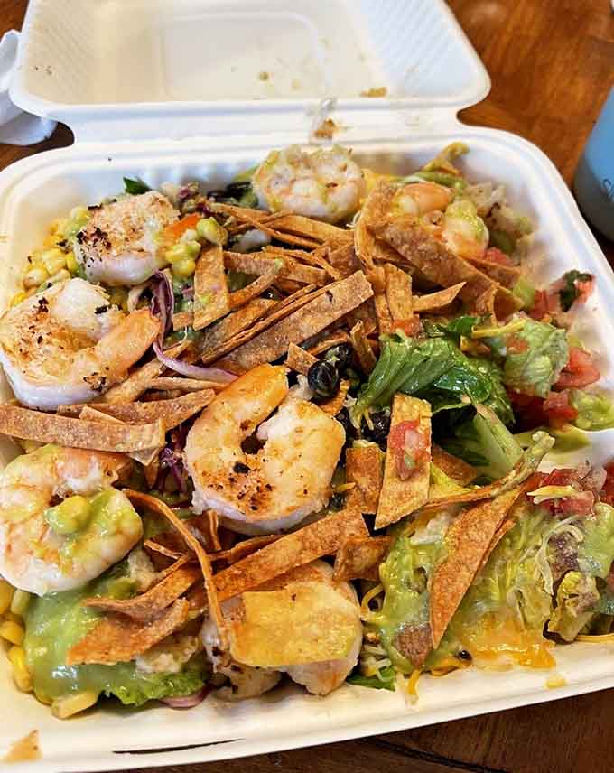 Broiled shrimp on a fresh salad. Proof that Donahue's knows its way around a lighter option too.