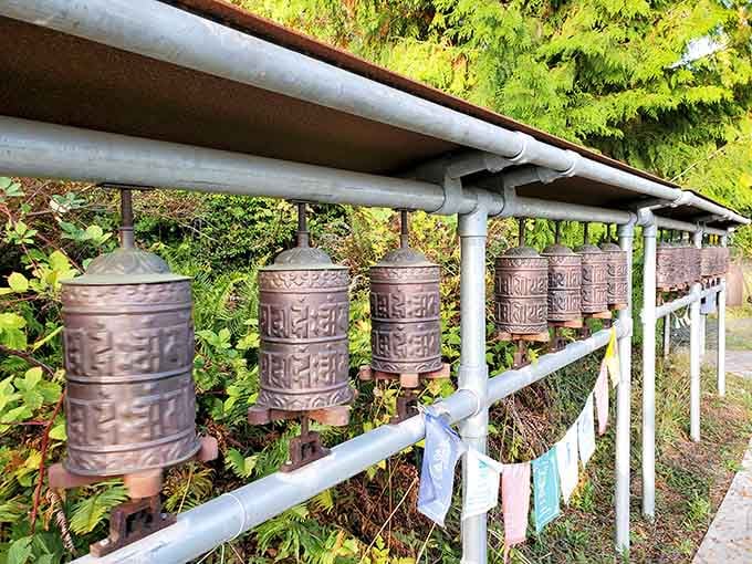 Row after row of ornate Mani wheels line the path, each one etched with mantras and waiting patiently for a gentle spin from a passing hand.