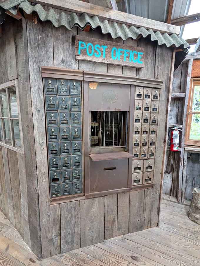 Old brass mailboxes, a wooden counter, and zero WiFi. This post office predates everything you're stressed about.