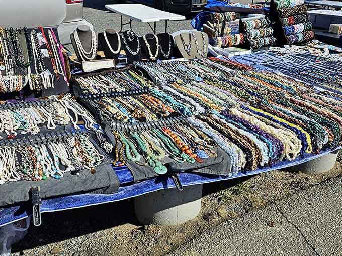 Jewelry spreads across tables like a pirate's bounty, offering sparkle without the treasure map required.