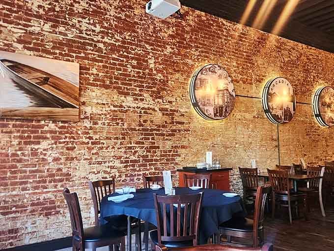 Another angle reveals the exposed brick and tin ceiling, adding character without trying to be something it's not.