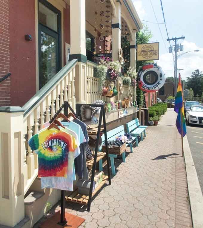 Tie-dye Frenchtown shirts hanging outside Sunbeam General Store. Proof that some towns wear their personality on their sleeve, literally.