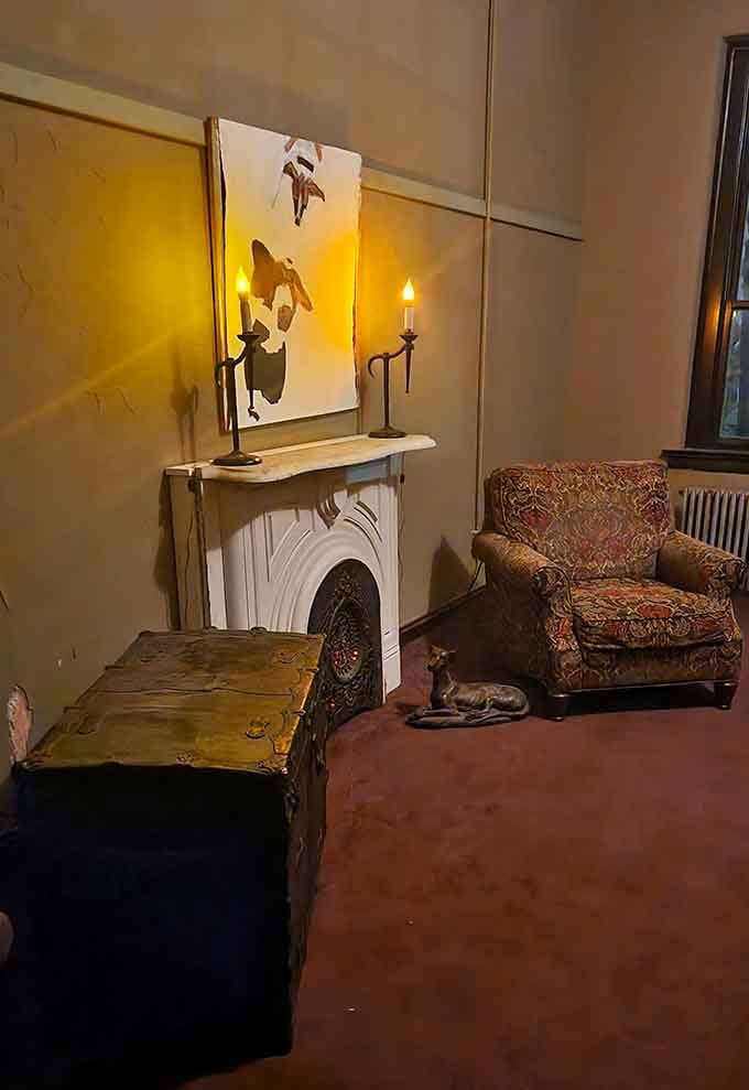 Period furnishings create an authentic atmosphere, though the fireplace hasn't been lit in years for reasons nobody wants to discuss.