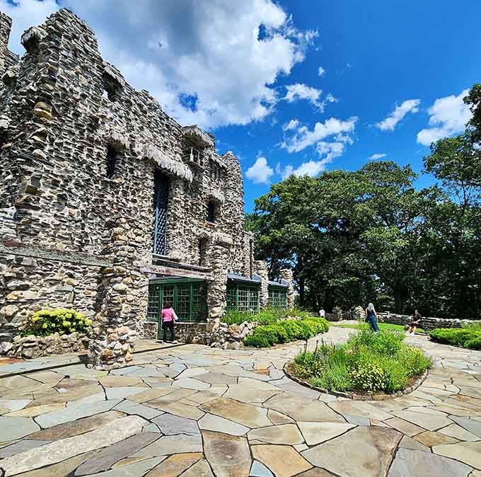 Flagstone underfoot, blue sky overhead, and a castle that looks like it wandered in from a European postcard. Not bad, Connecticut.