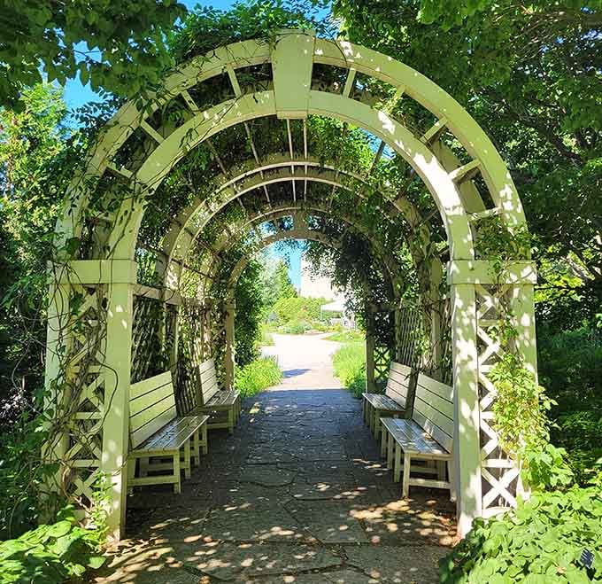 A white lattice arbor draped in vines, with benches tucked inside, is the garden's way of saying slow down already.