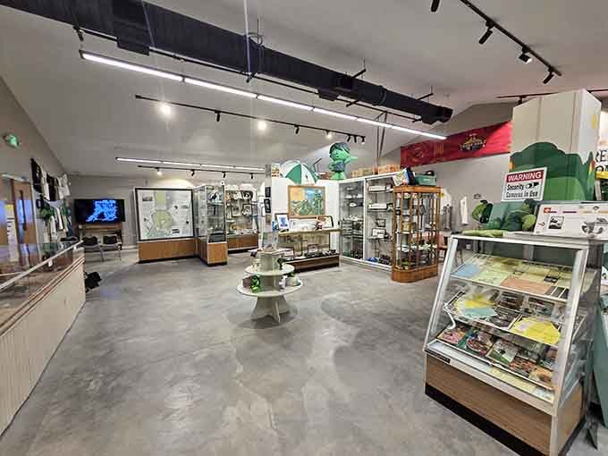 Display cases, local maps, and Green Giant memorabilia fill this museum room with decades of colorful agricultural storytelling.
