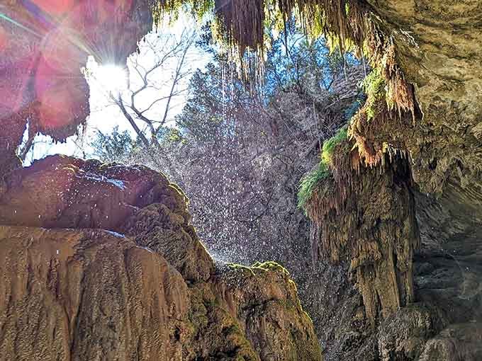 Moss and stalactites dripping from the grotto ceiling, adding that perfect touch of prehistoric cave ambiance.