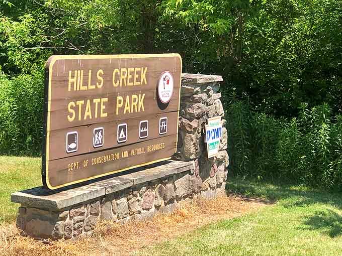The sign says Hills Creek State Park. Your stress levels say, "Finally, we're here."