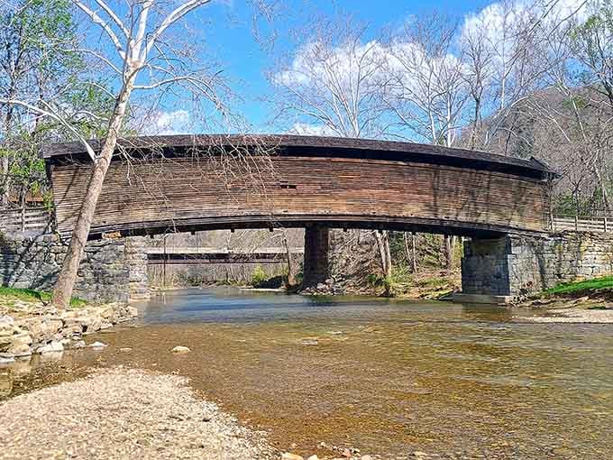 From the creek bank, that magnificent curved roofline rises against a brilliant blue sky, looking less like a bridge and more like a miracle.