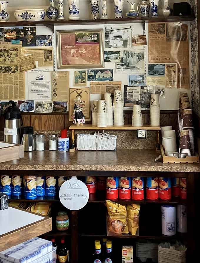 That coffee station surrounded by memorabilia tells stories of decades serving the tri-state area with pride.