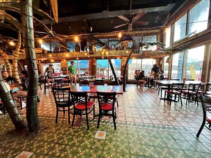 Fake palm trees, patterned tile floors, and lake light streaming through the windows, this room means serious business.
