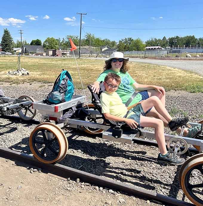 Mother-son bonding reaches new heights when you're both pedaling the same quirky contraption down railroad tracks.