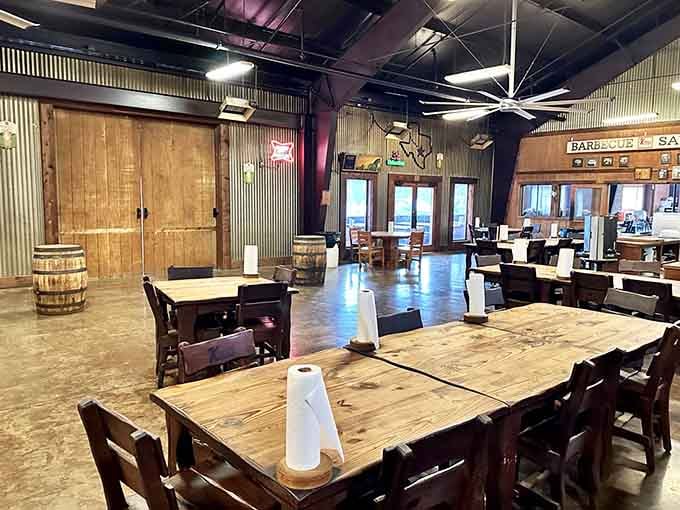 Wooden tables, paper towel rolls, and corrugated metal walls. Kreuz Market's dining room is unpretentious in the most beautiful way possible.