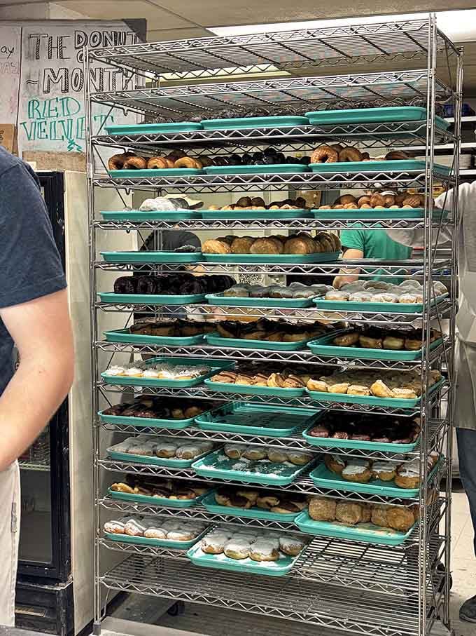 Towering racks of donuts stacked like the world's most delicious game of Jenga you'll never play.