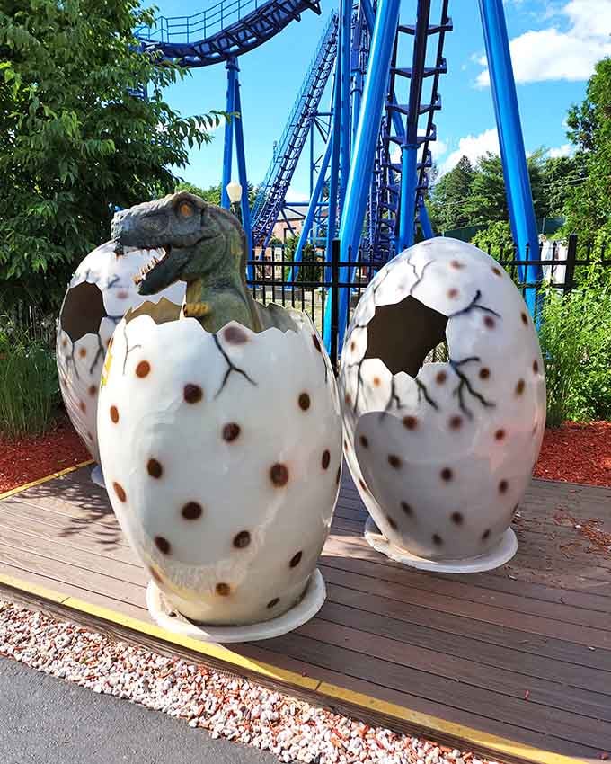 Baby dinosaurs hatching right next to a roller coaster. Lake Compounce really commits to keeping things interesting.