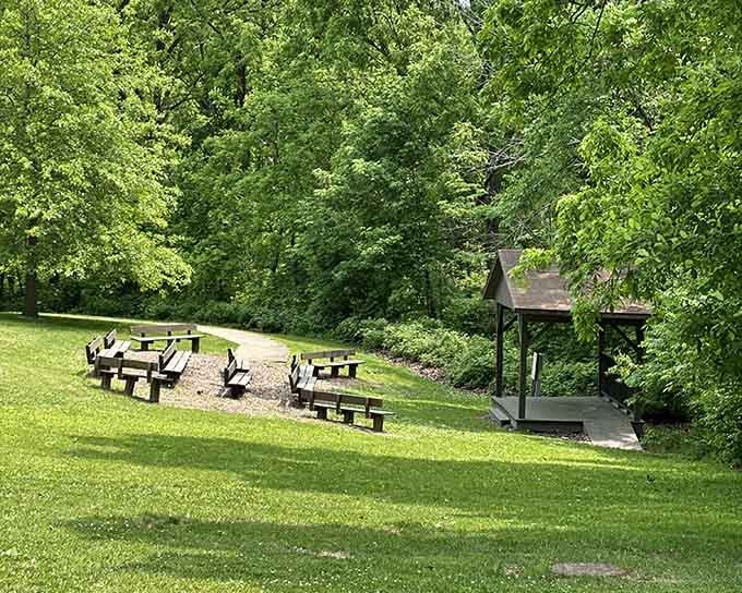 Picnic tables, a charming little shelter, and trees so lush they practically hum, lunch never had a better backdrop.