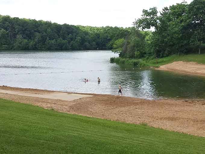 Sandy shore, clear water, happy swimmers. This is what a perfect Tuesday afternoon looks like in Lena, Illinois.